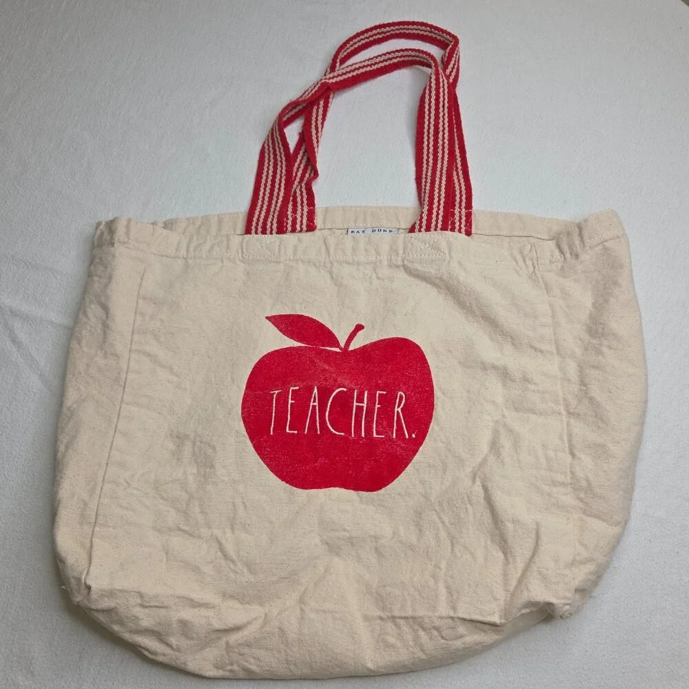 Rae Dunn | Bags | Rae Dunn Large Beige Canvas Teacher Tote Bag Red ...